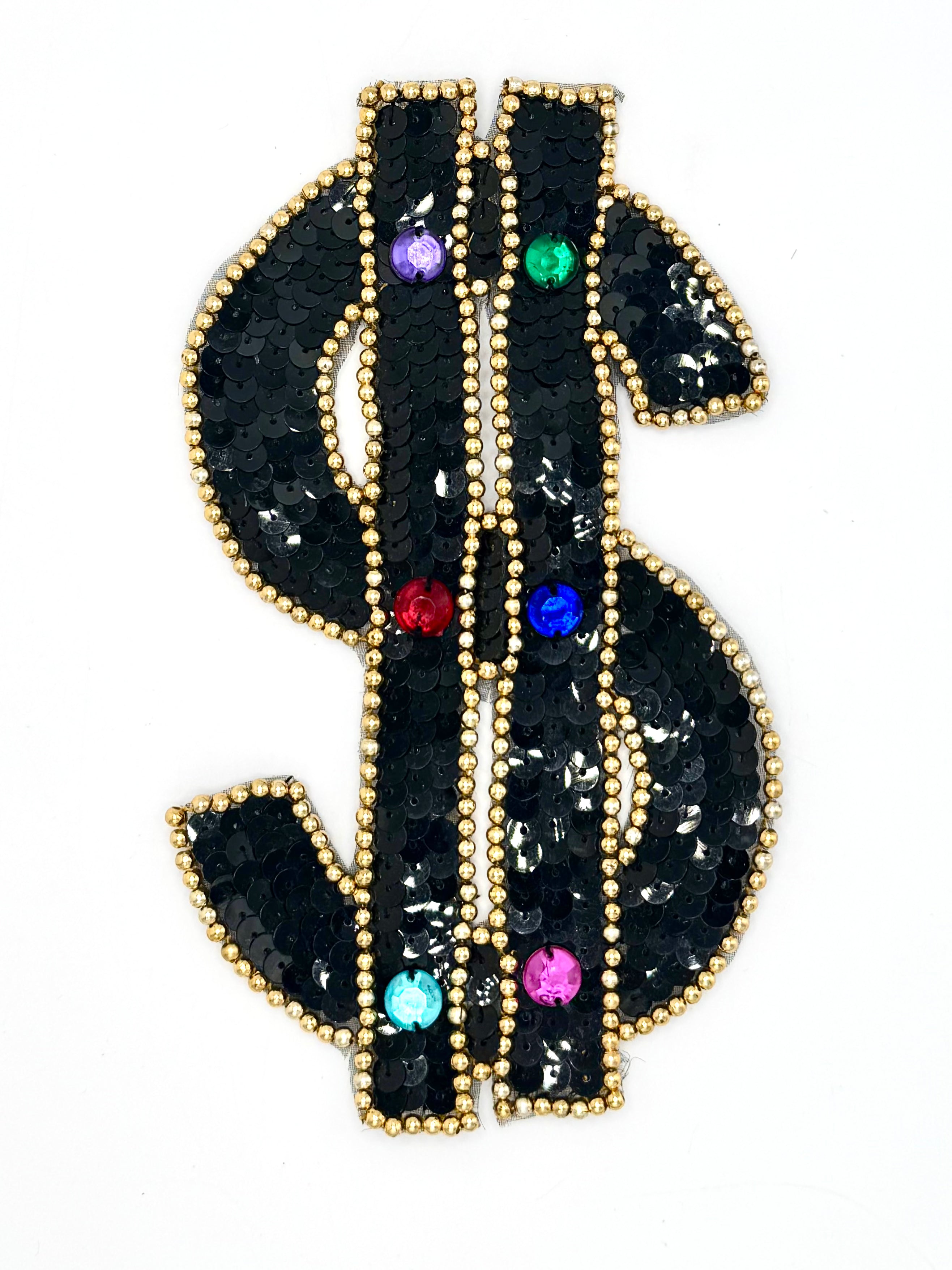 Dollar Sign with Black Sequins, Gold Beads and Multicolored Rhinestone ...